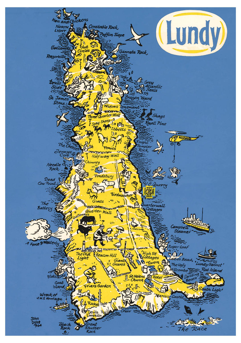 Blue & Yellow Comedic Illustrated Lundy Map – Tide & Isle