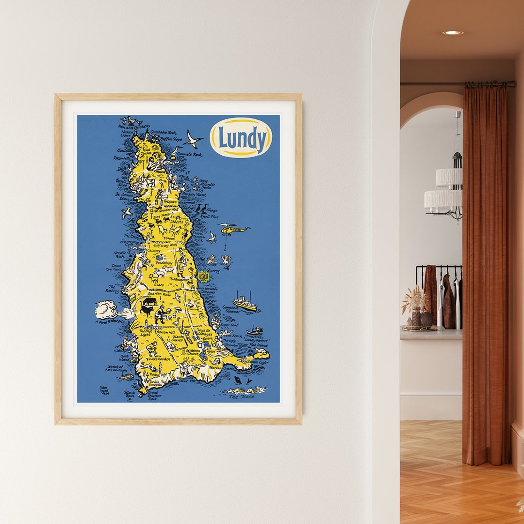 Blue & Yellow Comedic Illustrated Lundy Map – Tide & Isle