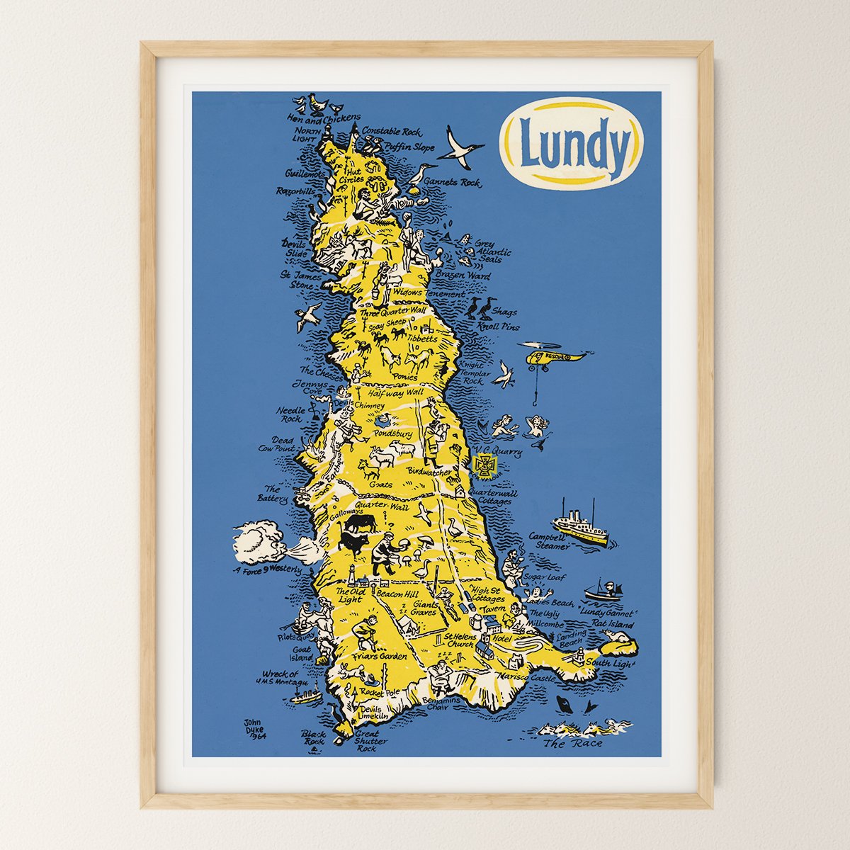 Blue & Yellow Comedic Illustrated Lundy Map – Tide & Isle
